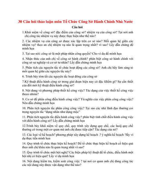 30 Câu hỏi thảo luận môn Tổ Chức Công Sở Hành Chính Nhà Nước (kèm trả lời)