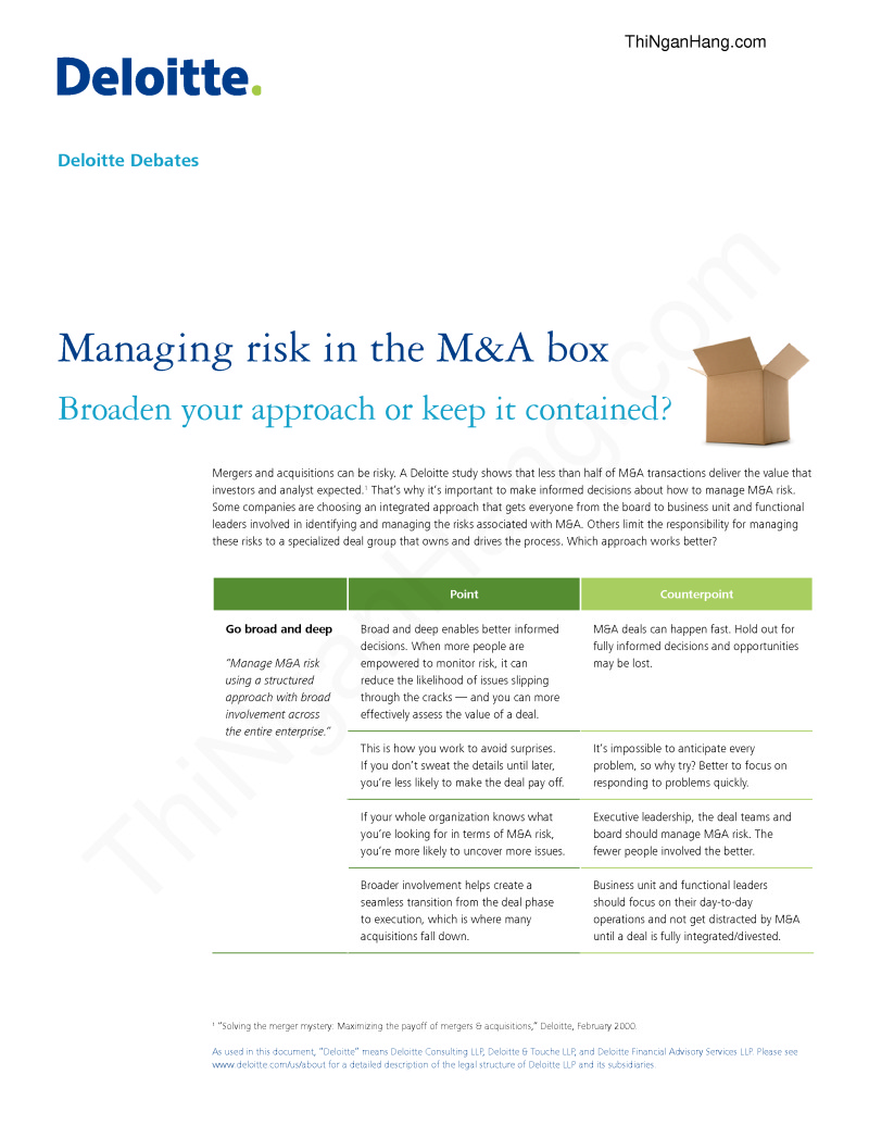 Deloitte. Managing risk in the M&A box