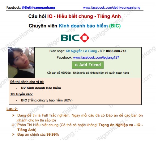 Đáp án câu hỏi Tiếng Anh + IQ vị trí NV kinh doanh bảo hiểm (BIC) - BIDV Insurance Corp