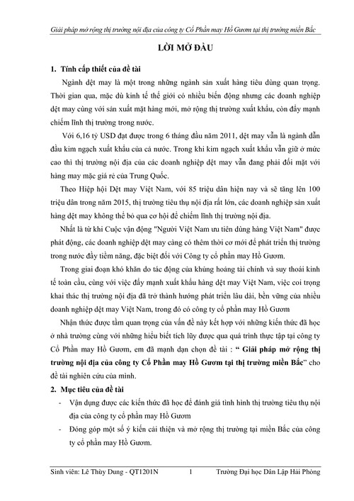 [KLTN]_Giải pháp mở rộng thị trường nội địa của công ty Cổ Phần may Hồ ...